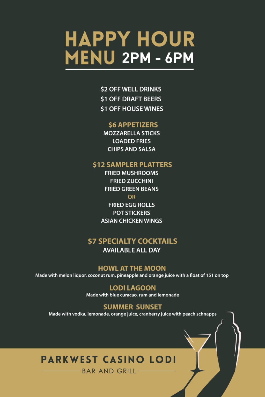 Happy Hour Menu | Parkwest Casino Lodi